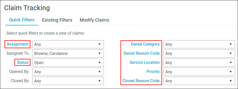 Edit user-defined claim tracking quick filters
